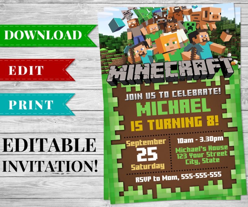 Printable Minecraft Invitation PDF - Minecraft Birthday Party Supplies
