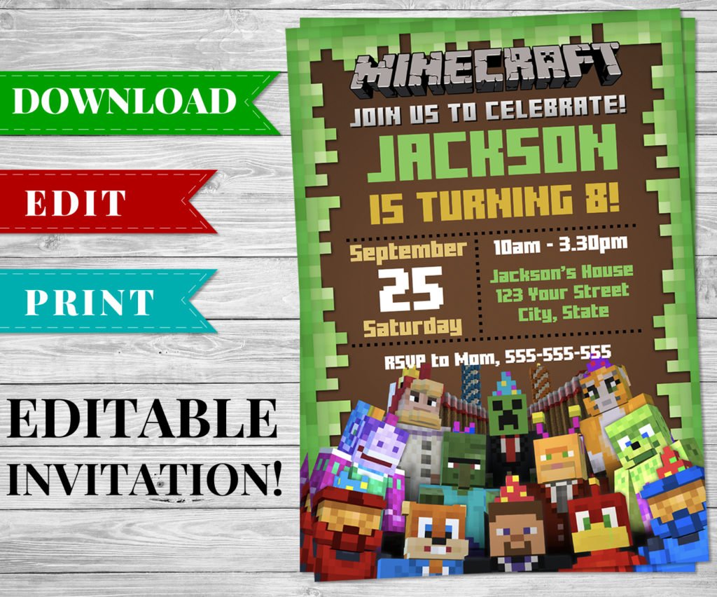 Printable Minecraft Invitation PDF - Minecraft Birthday Party Supplies