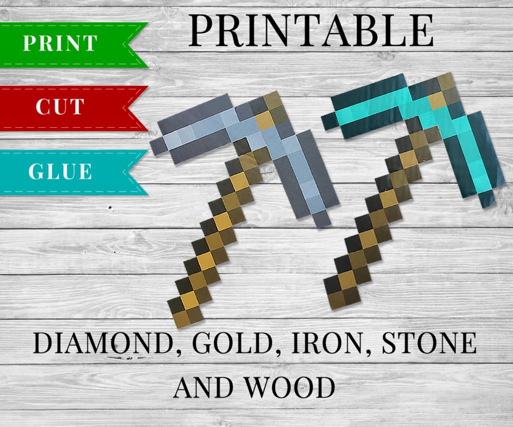 Printable DIY 3D Minecraft Pickaxes - Minecraft Birthday Party Supplies